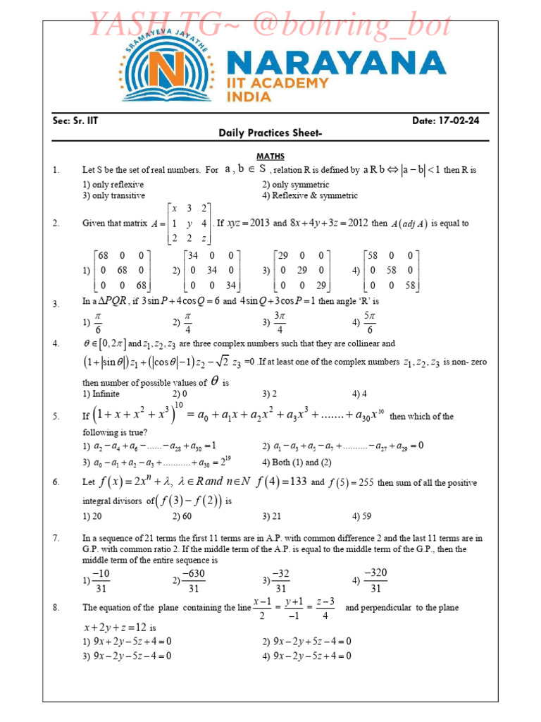 Narayana Daily Practice Sheets For JEE Mains | Download Free PDF ...