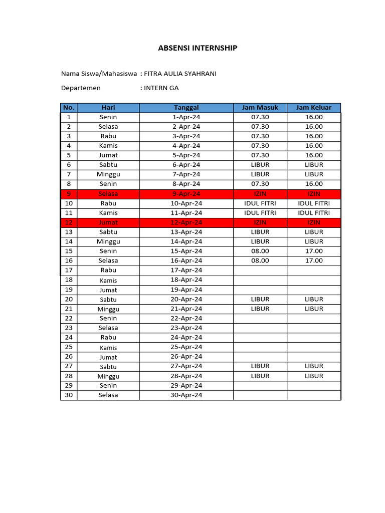Form Absensi Internship | PDF