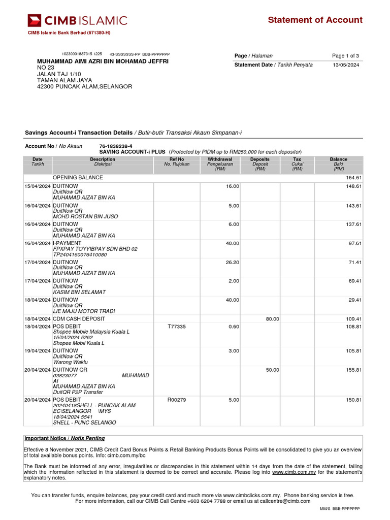 CIMB Islamic Bank Account Statement | PDF | Debit Card | Banks