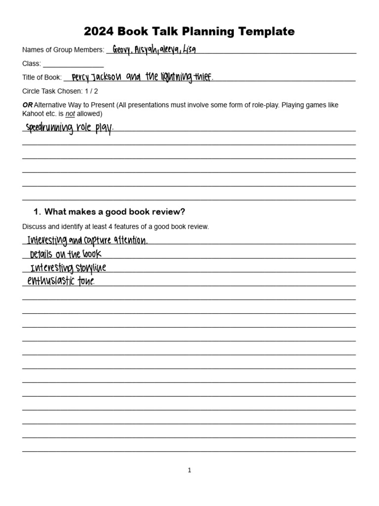 2024 Book Talk Planning Template | PDF