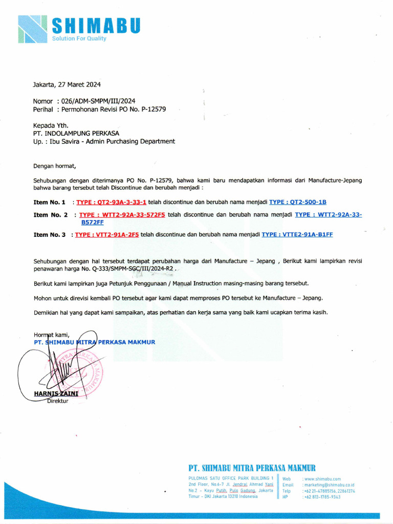 026 - Surat Permohonan Revisi PO No. P-12579 PT. INDOLAMPUNG PERKASA ...
