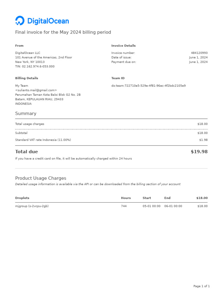 DigitalOcean May 2024 Invoice Summary | PDF
