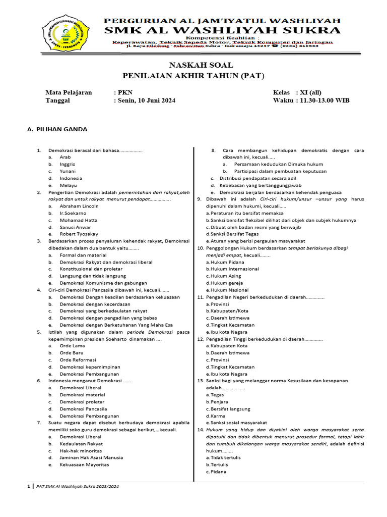 Soal Pat PKN Klas Xi 2024 Genap | PDF
