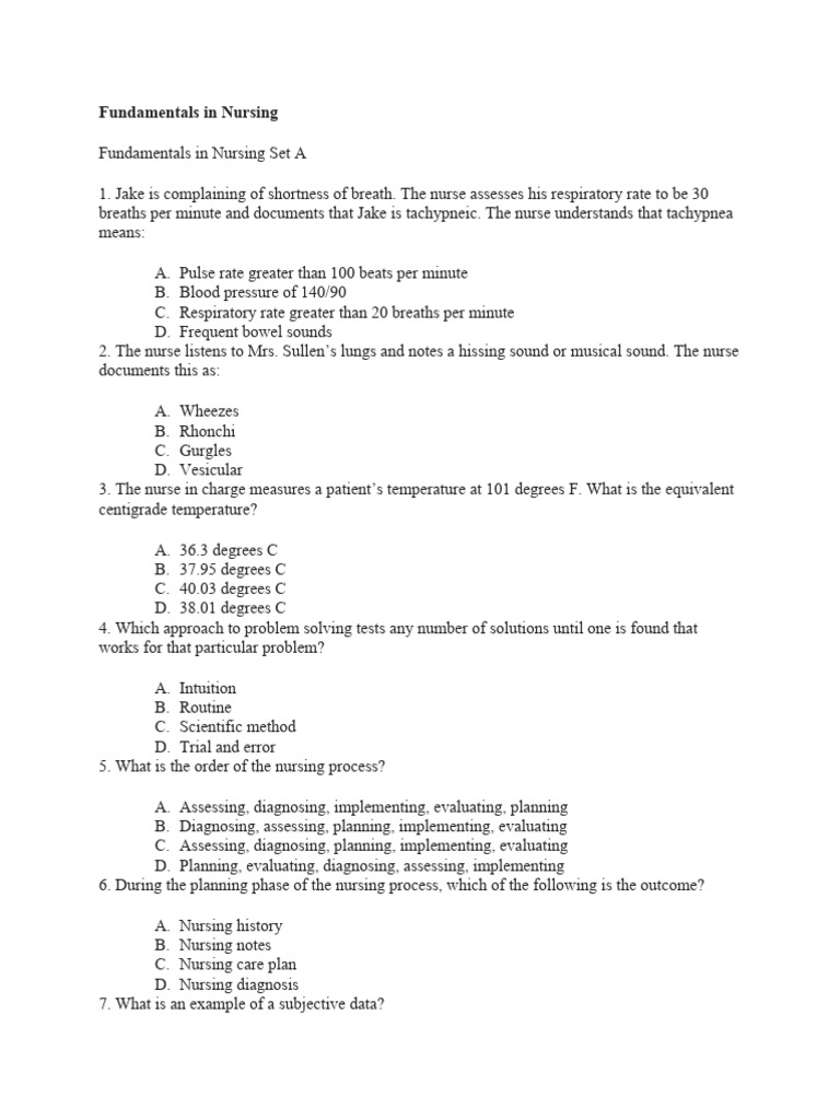 Fundamentals in Nursing Exam 75 Items | PDF | Nursing | Geriatrics