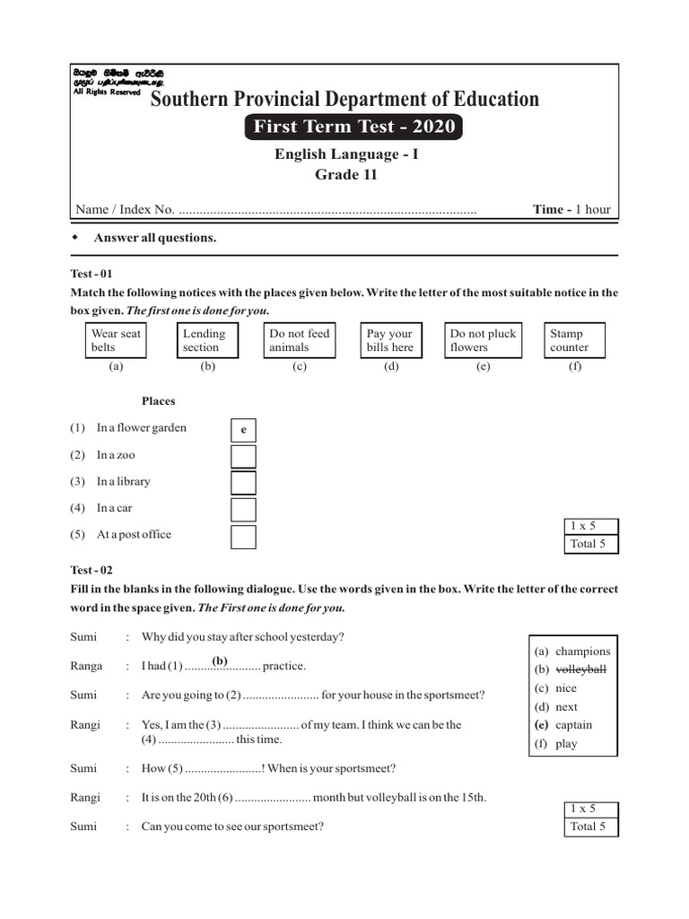 Grade 11 English Paper 2020 1stterm Test Southern Province | PDF