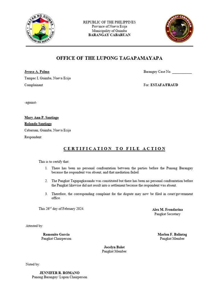 Certificate To File Action From The Barangay Sample | PDF