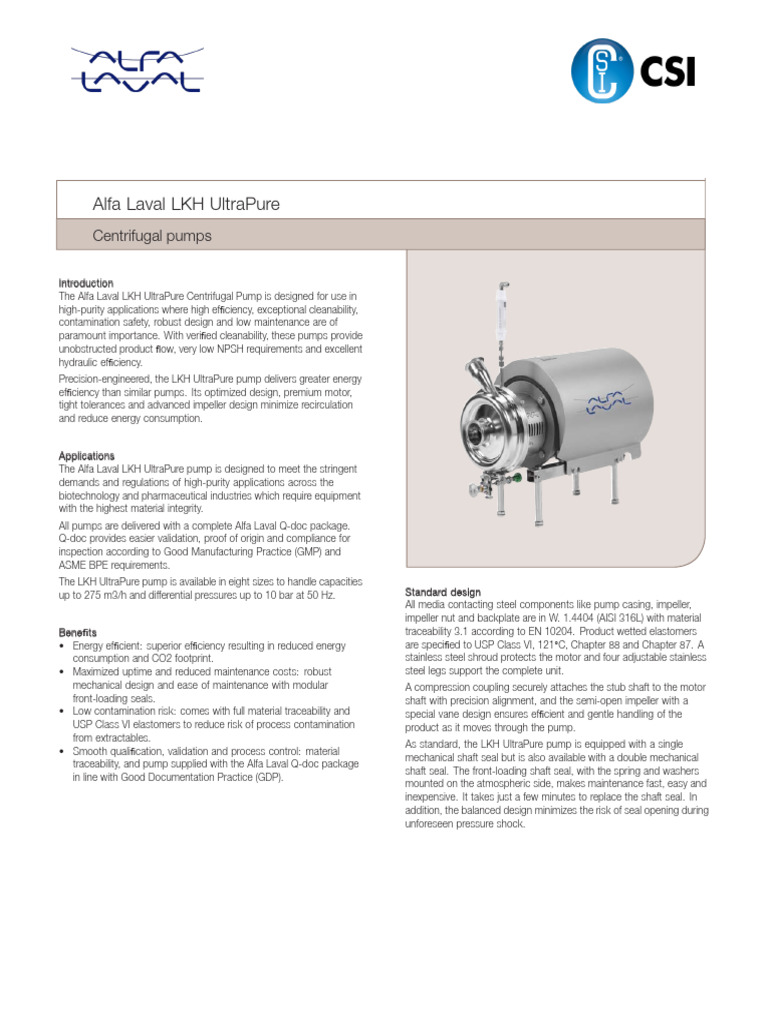 Alfa Laval UltraPure Centrifugal Pump Data Sheet | Download Free PDF ...