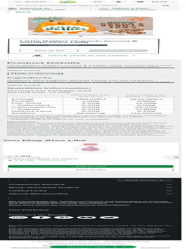 Little Bellies Organic Cocoa & Vanilla 123's 130g Woolworths | PDF | Flour | Chocolate