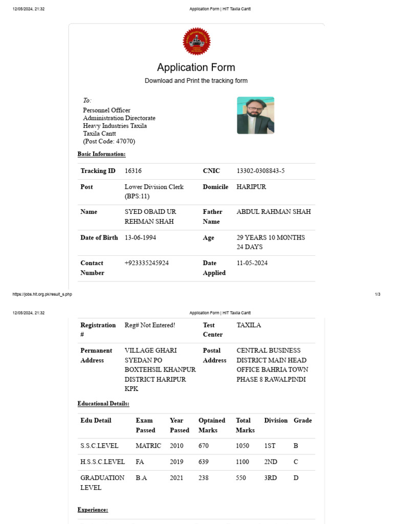 Application Form - HIT Taxila Cantt | PDF