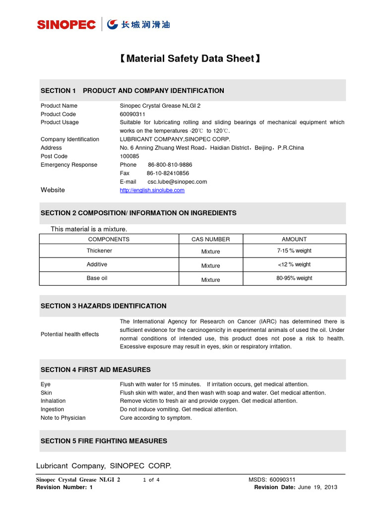 Sinopec Crystal Grease NLGI 2 | PDF | Waste Management | Toxicity