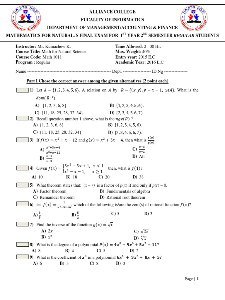 Math Exam Questions for Natural Science | PDF | Polynomial | Function ...