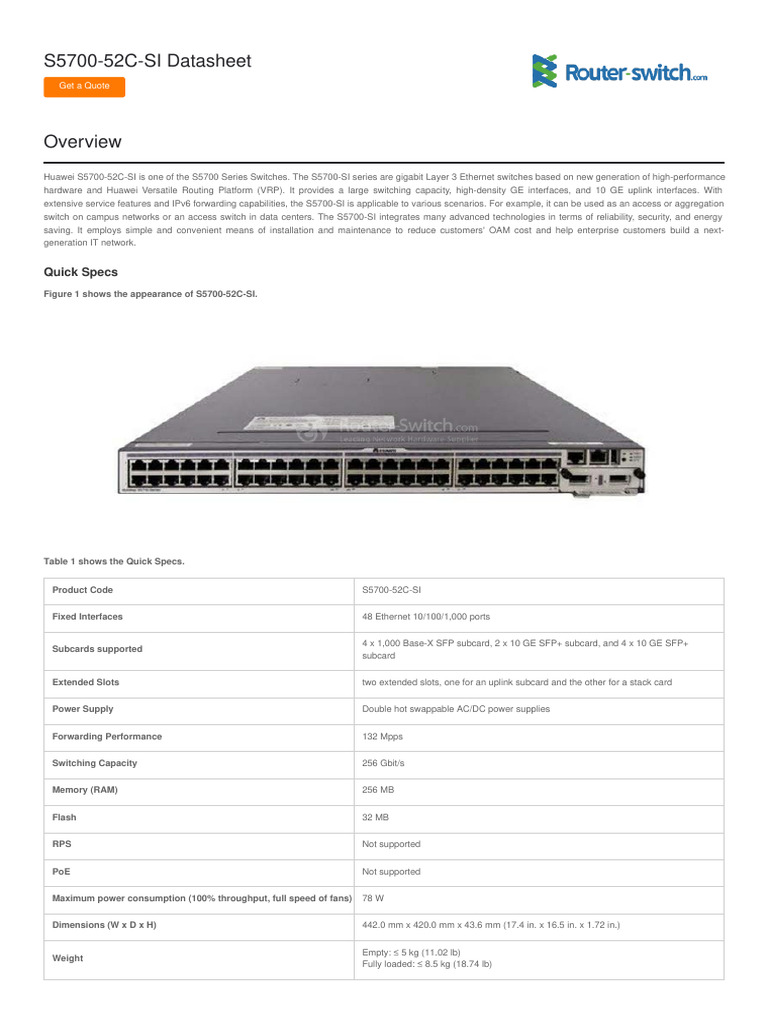 Huawie S5700 52C SI Datasheet | PDF | Network Switch | Data Transmission