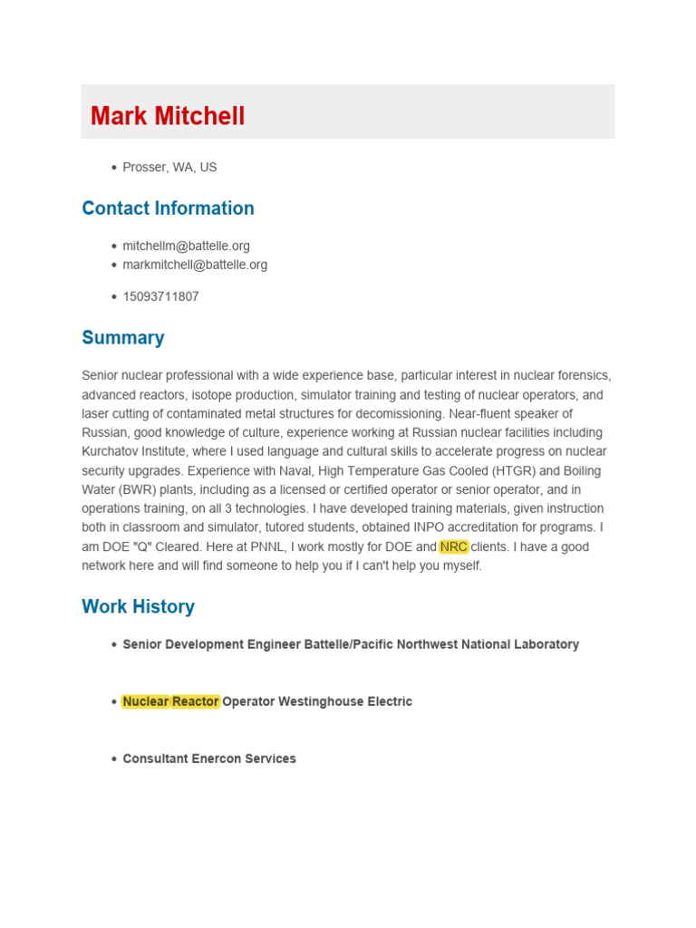 Dice Profile Mark Mitchell Highlighted | PDF | Nuclear Reactor | United ...
