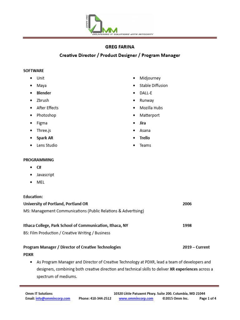 Greg Farina VIRTUAL REALITY PROGRAM MANAGER Resume | PDF | Virtual Reality | Computing
