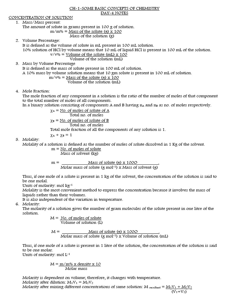Some Basic Concepts of Chemistry-Day 4 Notes | PDF | Concentration ...