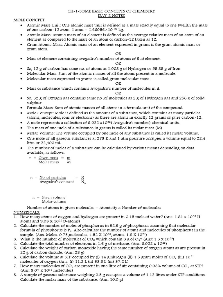 Some Basic Concepts Of Chemistry Day 2 Notes Pdf Mole Unit Molecules