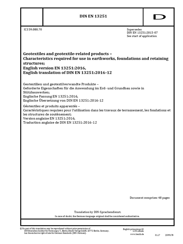 Geotextiles Standard EN 13251:2016 | PDF | Verification And Validation ...