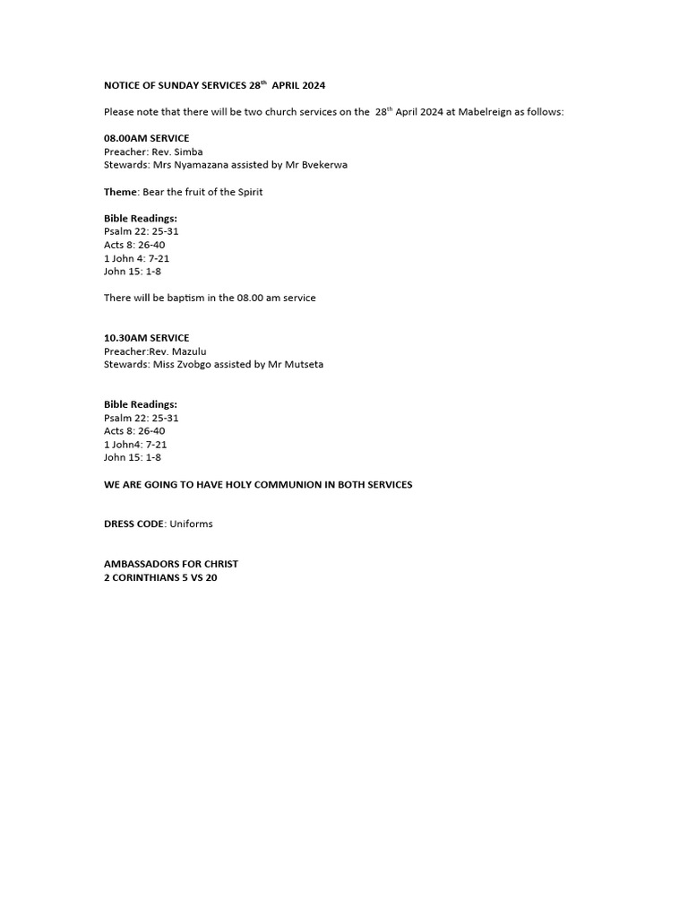 Notice of Sunday Services 28th April 2024 | PDF