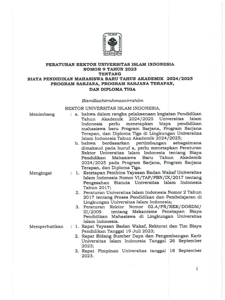 PR No. 9 TH 2023 Biaya Studi Mahasiswa Baru Tahun 2024 2025 | PDF