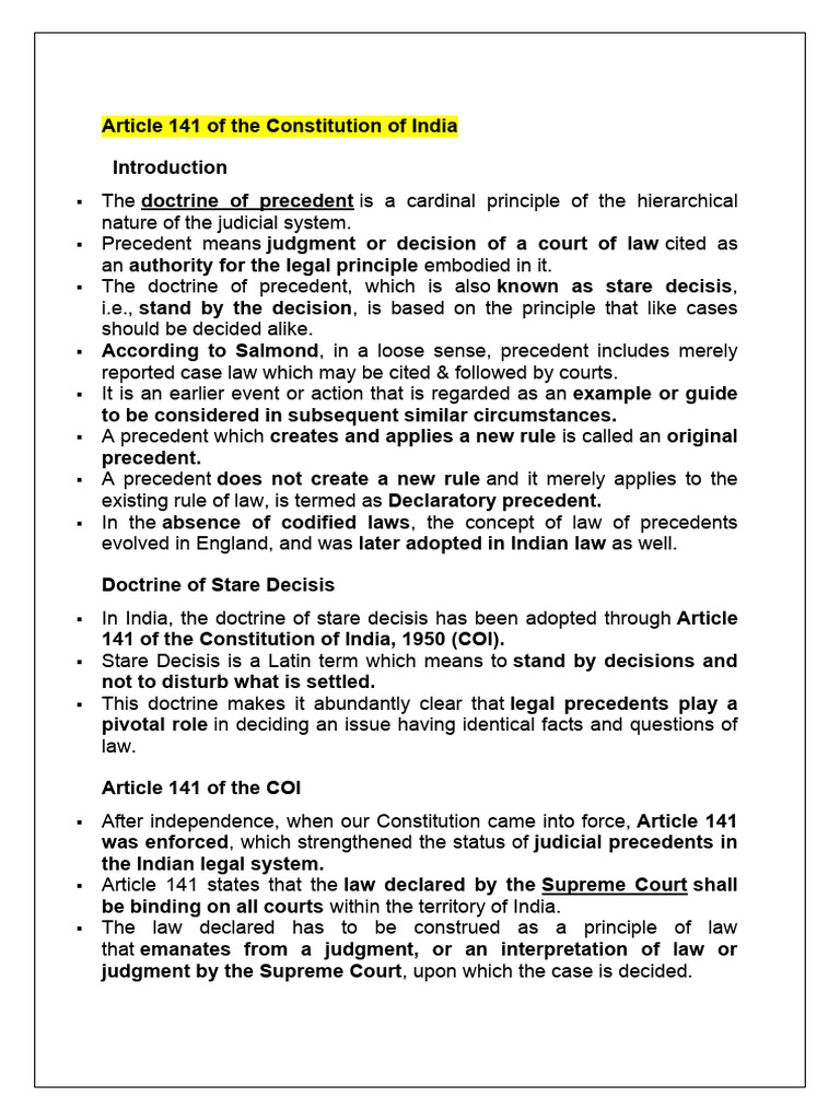 Article 141 of The Constitution of India | PDF | Precedent | Judgment (Law)
