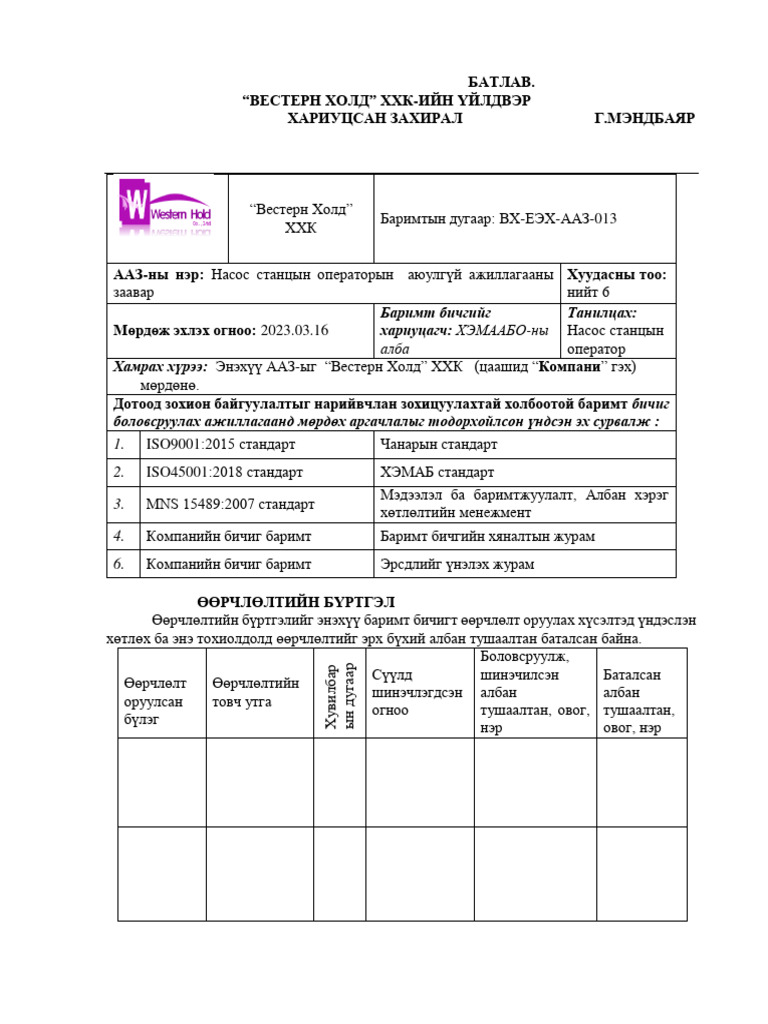 ВХ-ЕЭХ-ААЗ-013 Насос станцын оператор | PDF