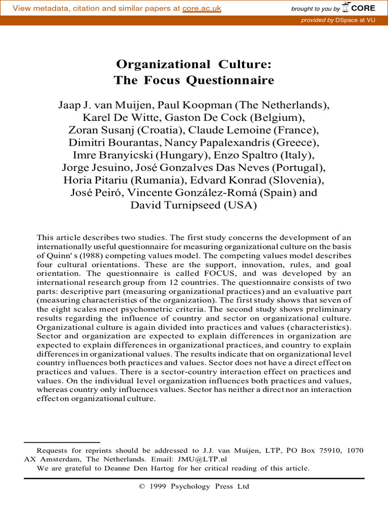 Organizational Culture: The Focus Questionnaire: Provided by Dspace at ...