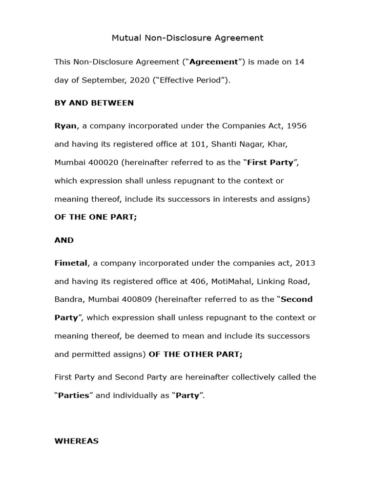 NDA Sample | PDF | Breach Of Contract | Non Disclosure Agreement