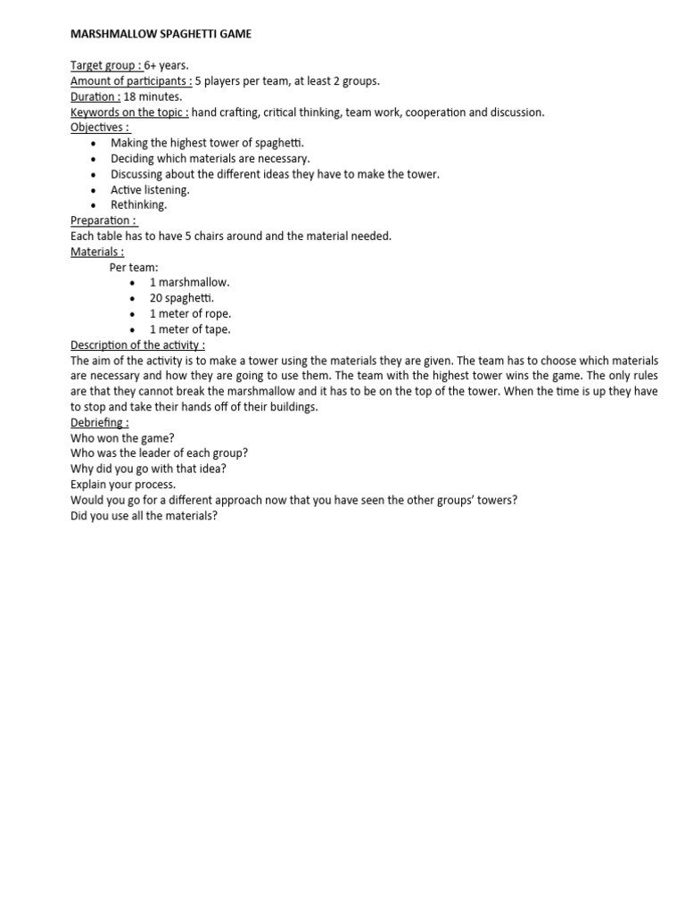 Spaghetti Marshmallow Tower Challenge | PDF | Thought | Cognitive Science