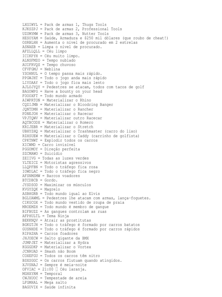 Codigos Gta | PDF | Carro | Motocicleta