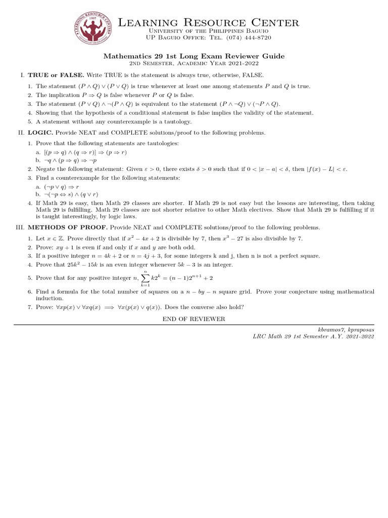 LRC Reviewer Math29 LE1-Solution-Set | PDF | Metalogic | Syntax (Logic)