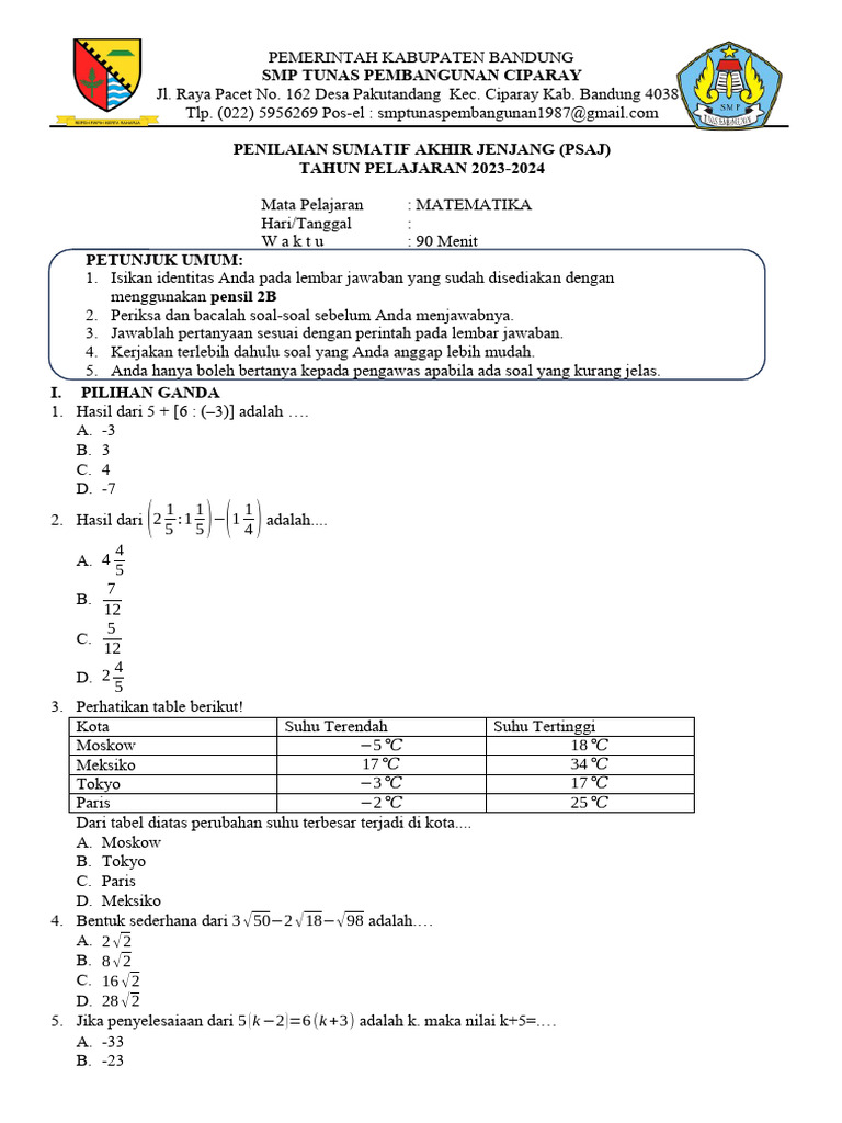 Soal Psaj Matematika SMP TP 2024 | PDF