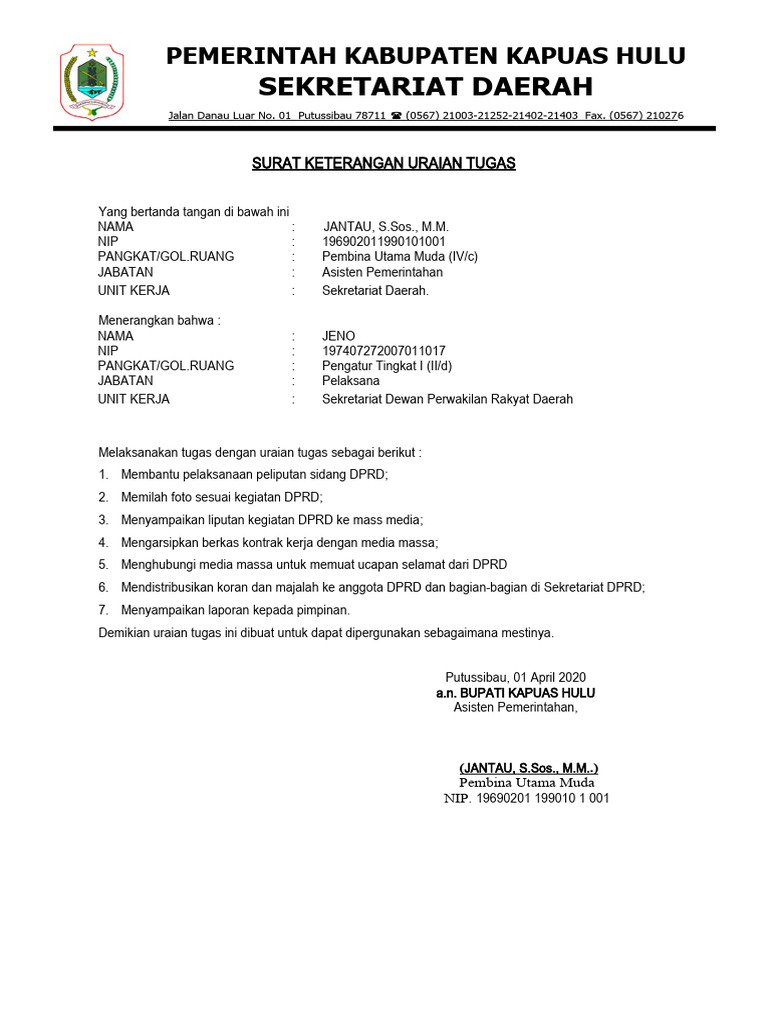 Contoh SURAT KETERANGAN URAIAN TUGAS | PDF