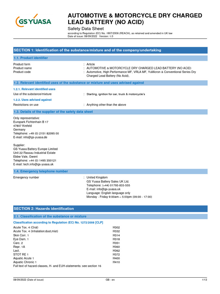 03 MSDS of YTZ7S | PDF | Firefighting | Lead