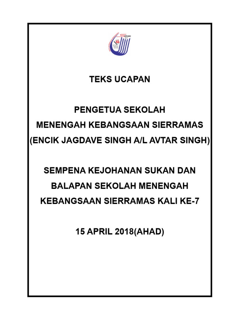 Teks Ucapan Pengetua Hari Sukan 2018 Pdf