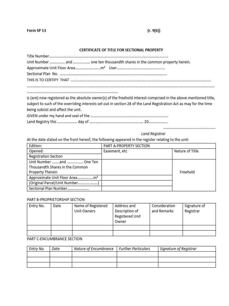 Form SP 13 Certificate of Title For Sectional Property | PDF | Law ...