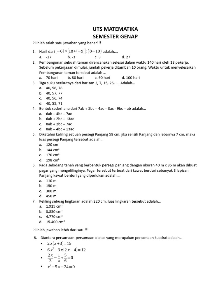 Soal Matematika UAS tahun 2024 revisi | PDF
