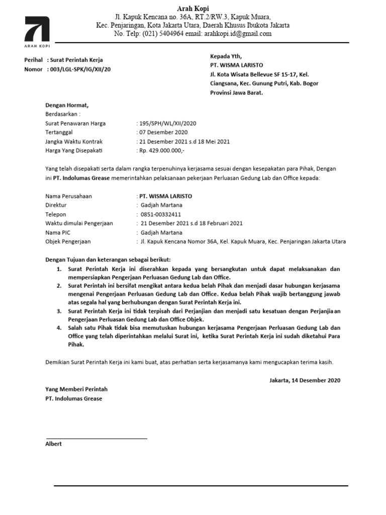 Draft SPK Pekerjaan Renovasi Arah Kopi Kelapa Gading | PDF