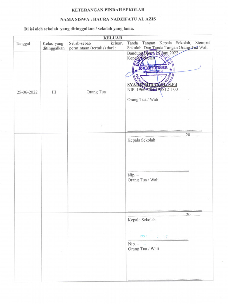 Keterangan Pindah Sekolah (Raport) Haura | PDF