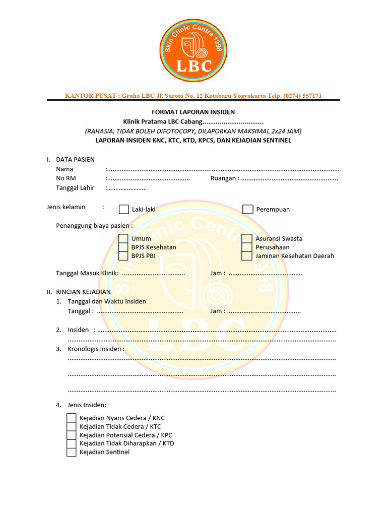 Format Laporan Insiden Klinik LBC | PDF | Hukum