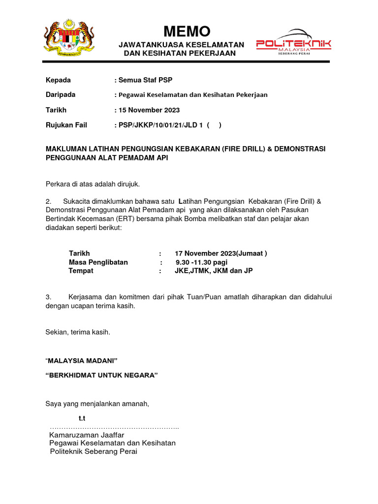 Memo Fire Drill PSP 2023 | PDF