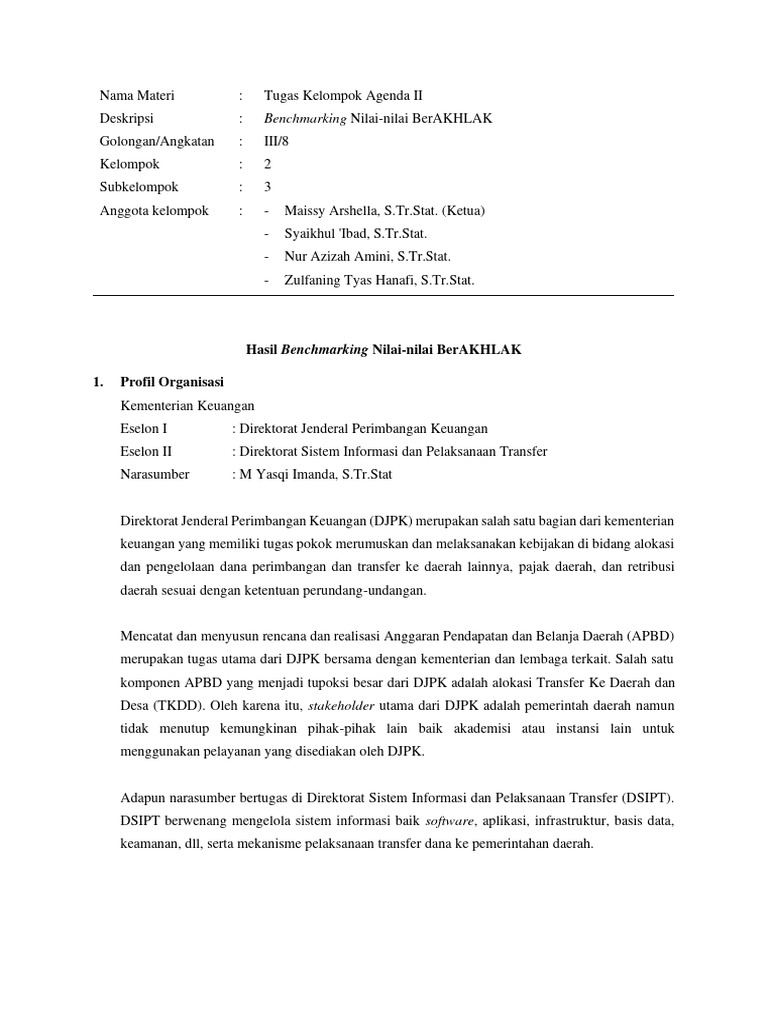 Tugas Kelompok 2 (3) - Benchmarking Nilai-Nilai BerAKHLAK | PDF | Bisnis | Pengelolaan Keuangan ...