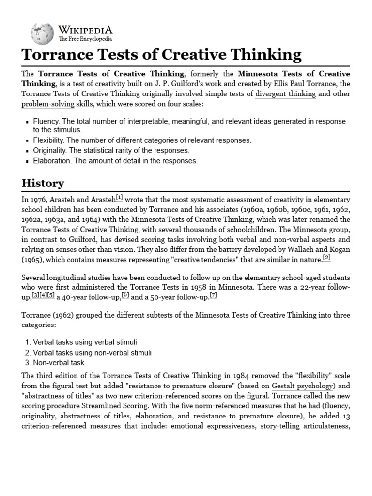 Torrance Tests of Creative Thinking - Wikipedia | PDF | Neuroscience ...