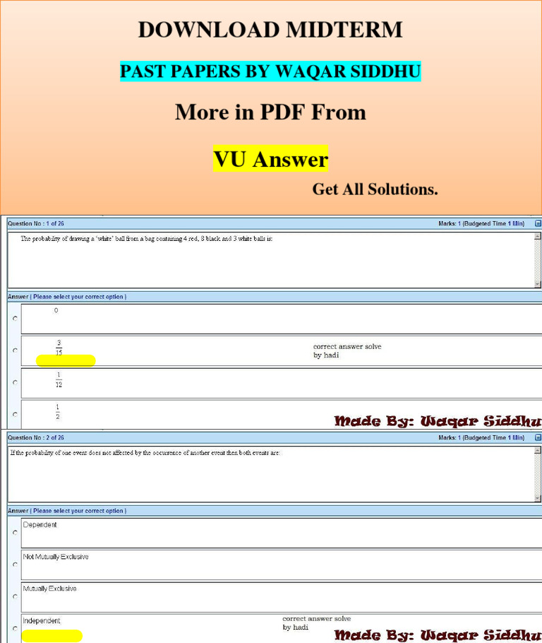 STA301 Midterm (Marked) MCQs by Waqar Siddhu | PDF