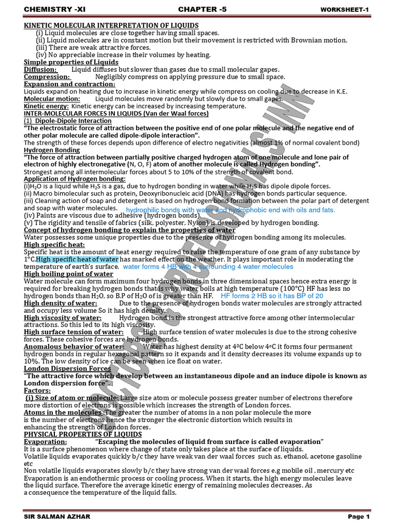 Chem Xi Chap 5 Worksheet 1 | PDF | Evaporation | Intermolecular Force