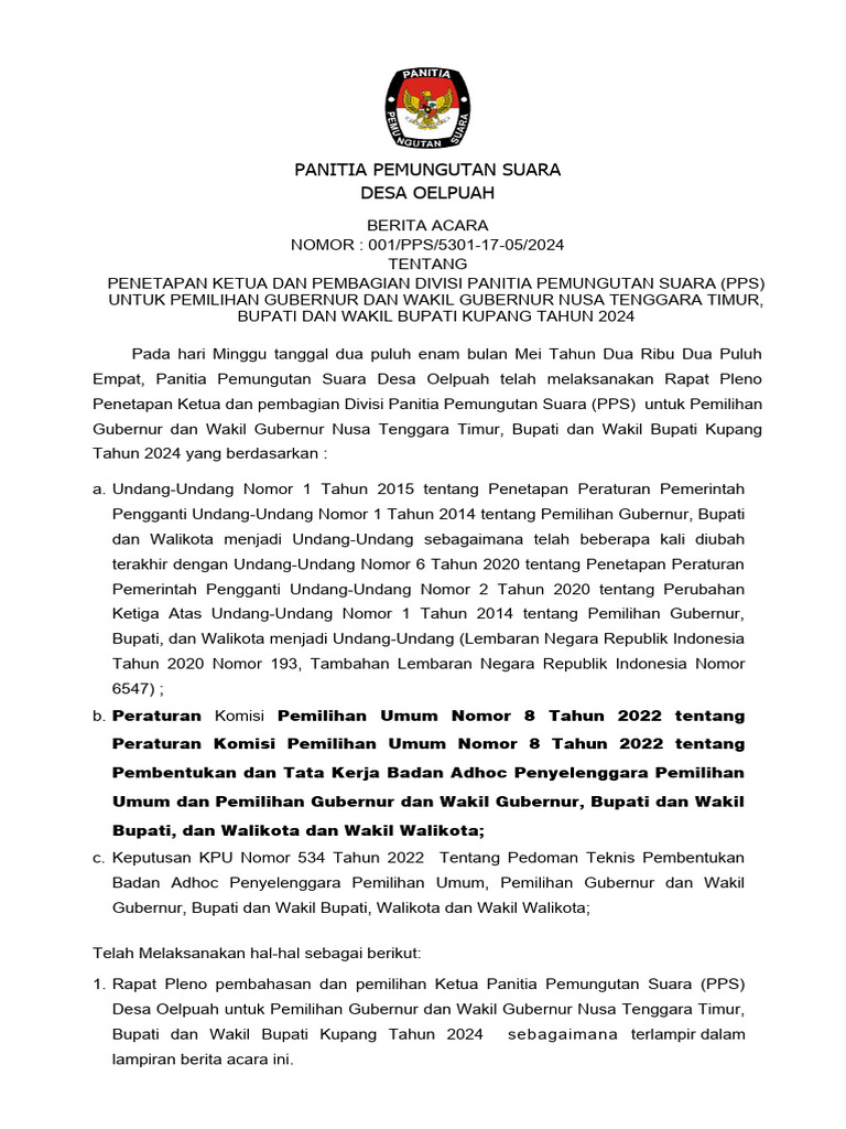 Draft Ba Penetapan Ketua Dan Divisi PPS | PDF | Politik | Sains & Matematika