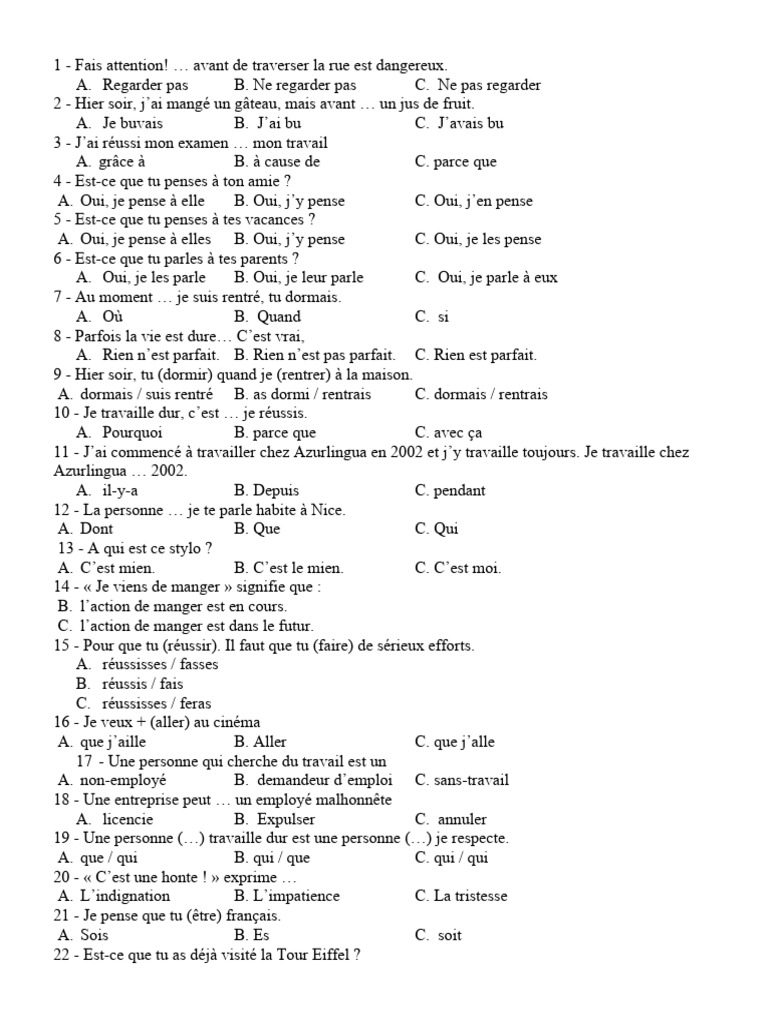 Test de Grammaire Française avec Questions à Choix Multiples | PDF