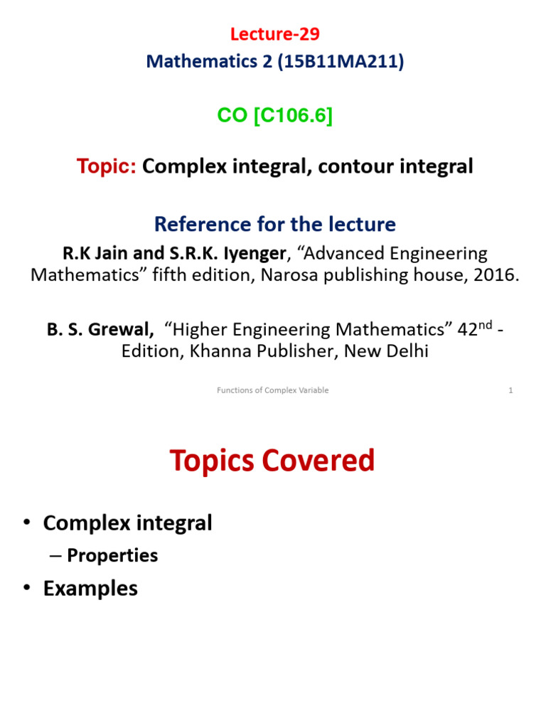 Maths 2 - L29 - Complex Integral, Contour Integral JIIT Noida | PDF ...