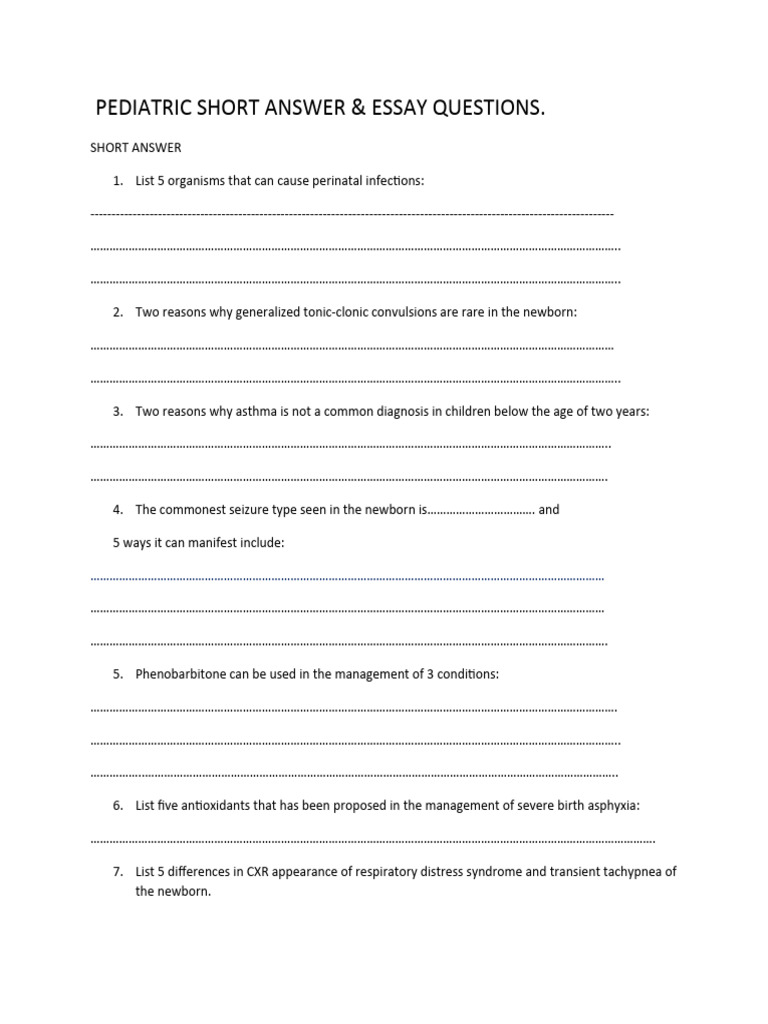 Pediatric Short Answer & Essay Questions | PDF | Public Health ...