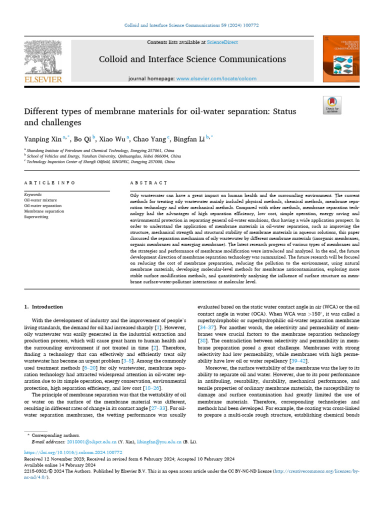 Different Types of Membrane Materials For Oil W - 2024 - Colloid and ...