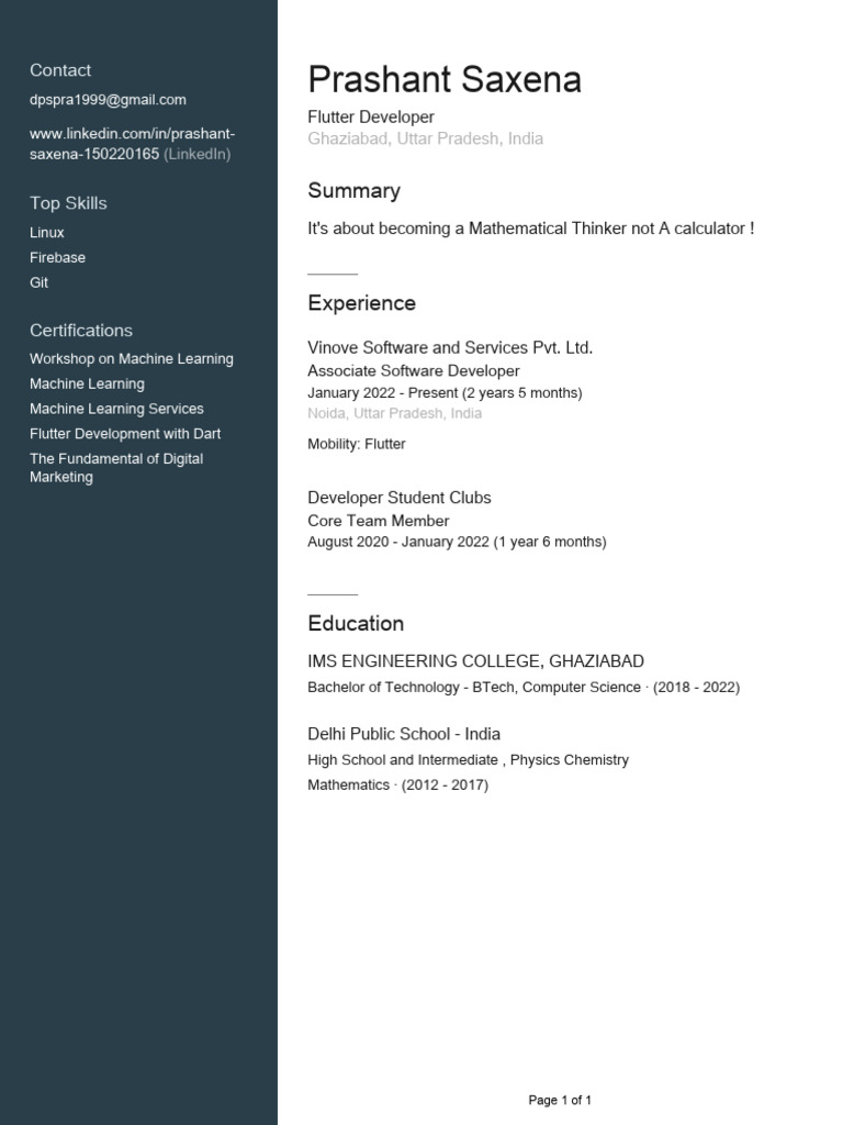 Prashant Saxena - Flutter Developer Resume | PDF